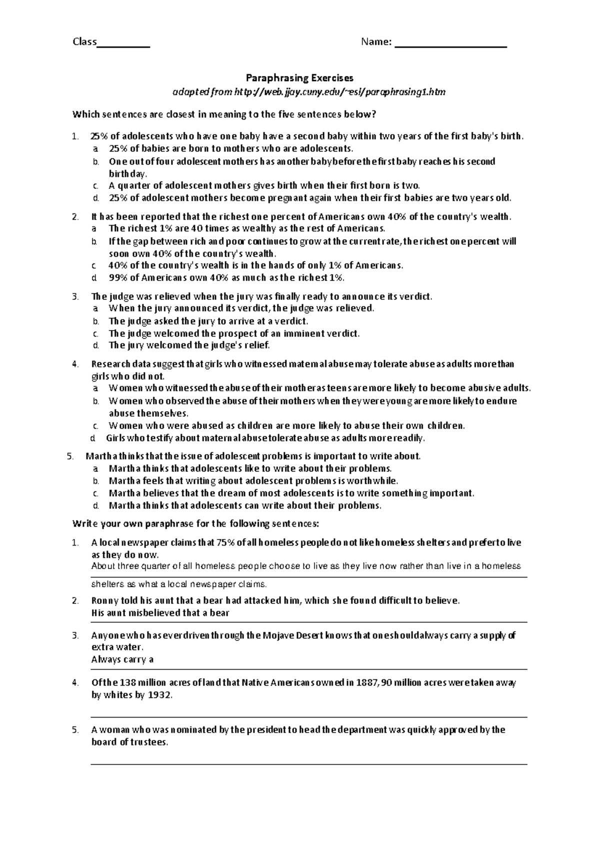 Practice 2 Paraphrasing - Class Name: Paraphrasing Exercises adapted ...