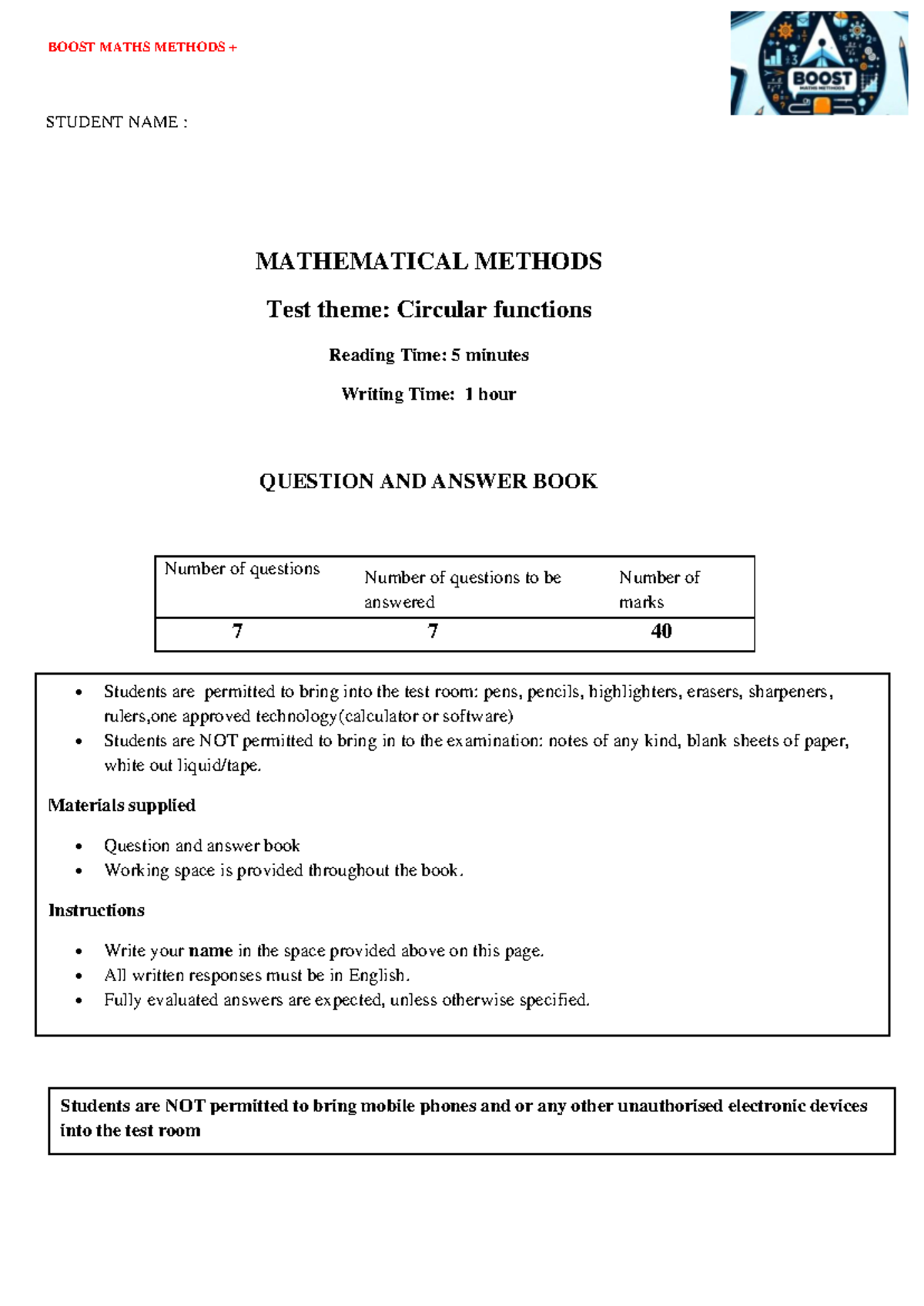 BOOST MATHS METHODS: CIRCULAR FUNCTIONS TEST (40 MARKS) - Studocu