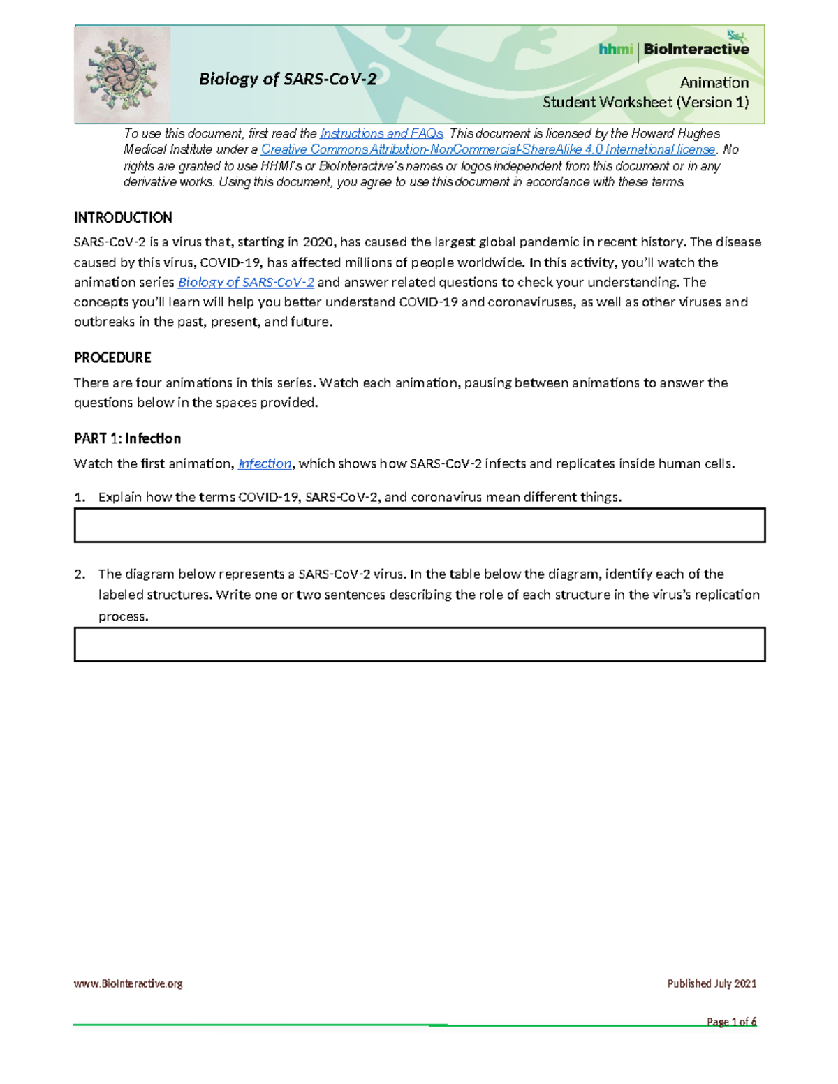 SARS-CoV-2 Biology Student Worksheet (Version 1) - Studocu