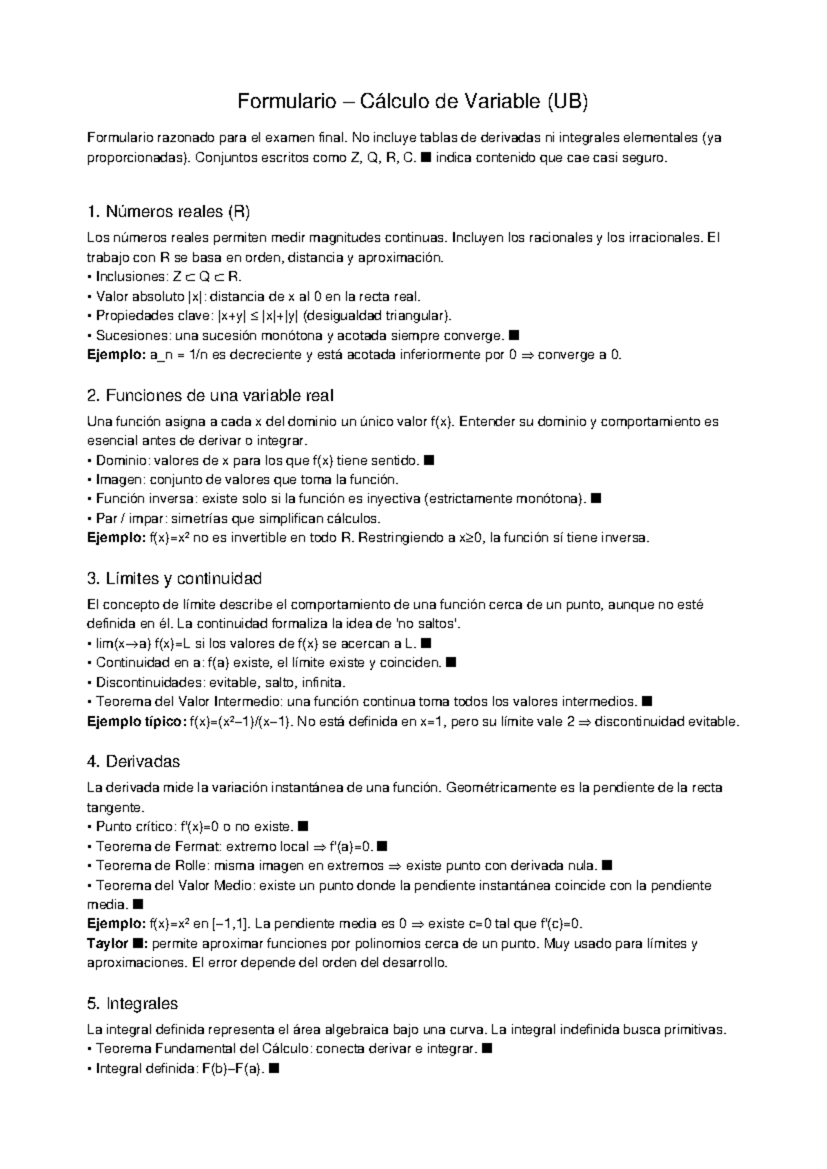 Formulario Cálculo de Variable (UB) - Examen Final Explicado - Studocu