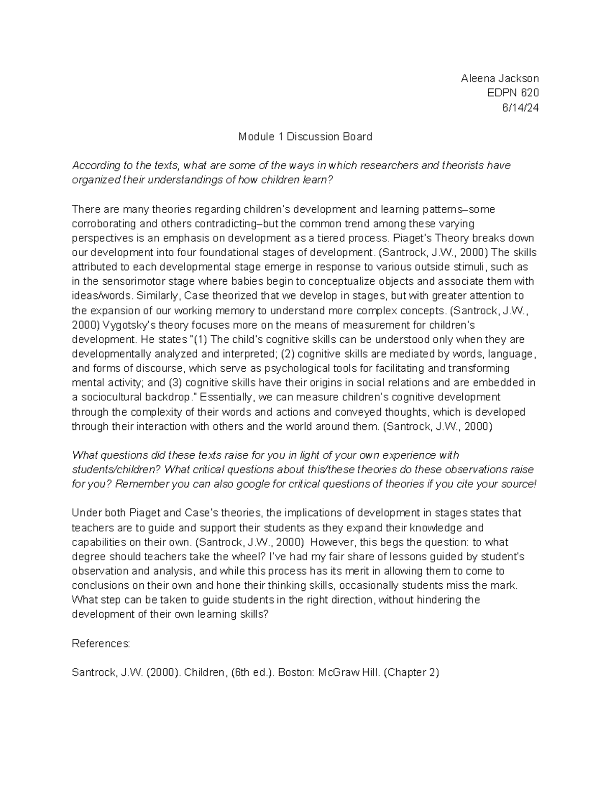 EDPN 620 Module 1 Discussion on Children's Learning Theories - Studocu