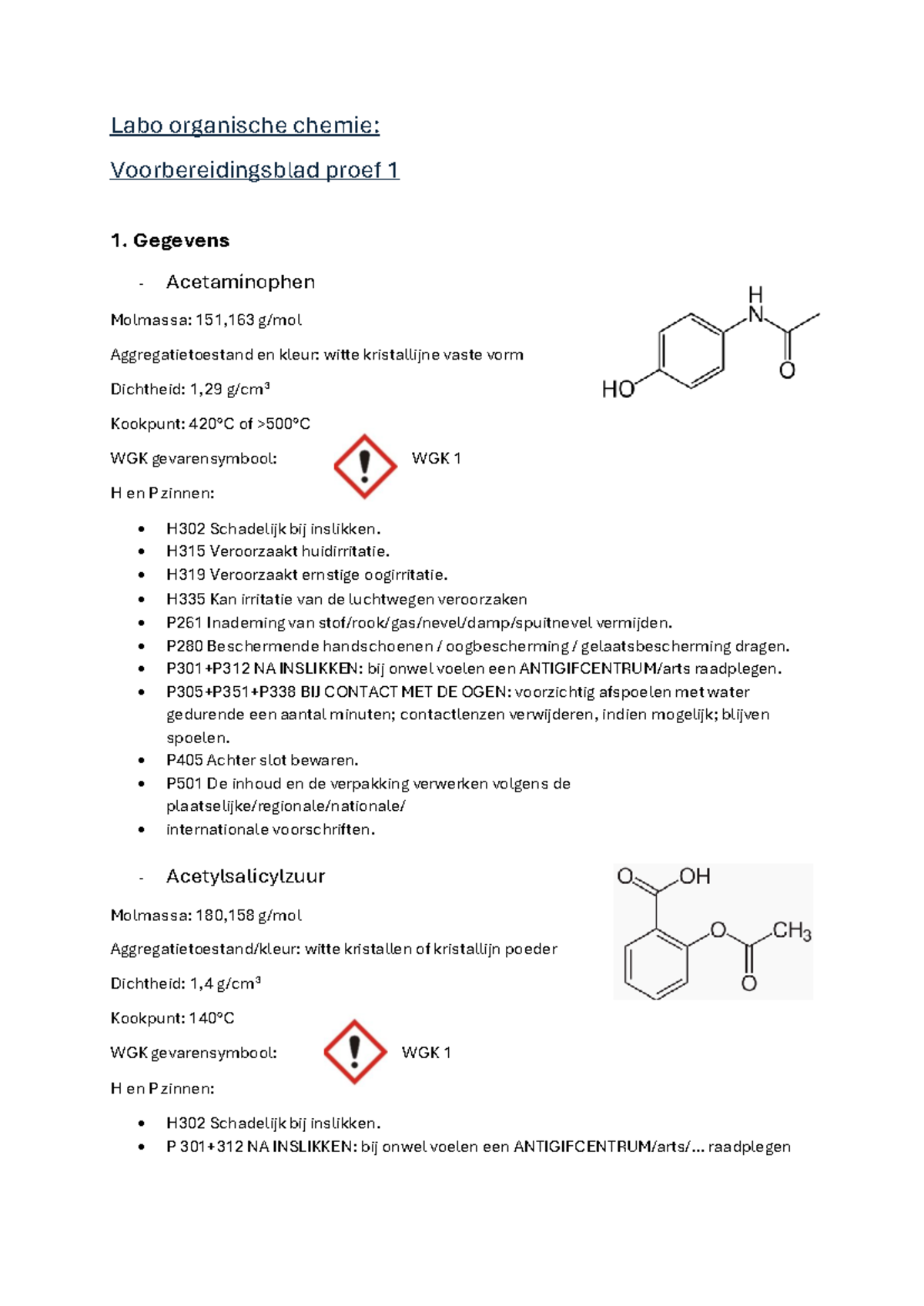 Voorbereiding Labo 1 - Organische Chemie: Informatie en Gevaren - Studocu