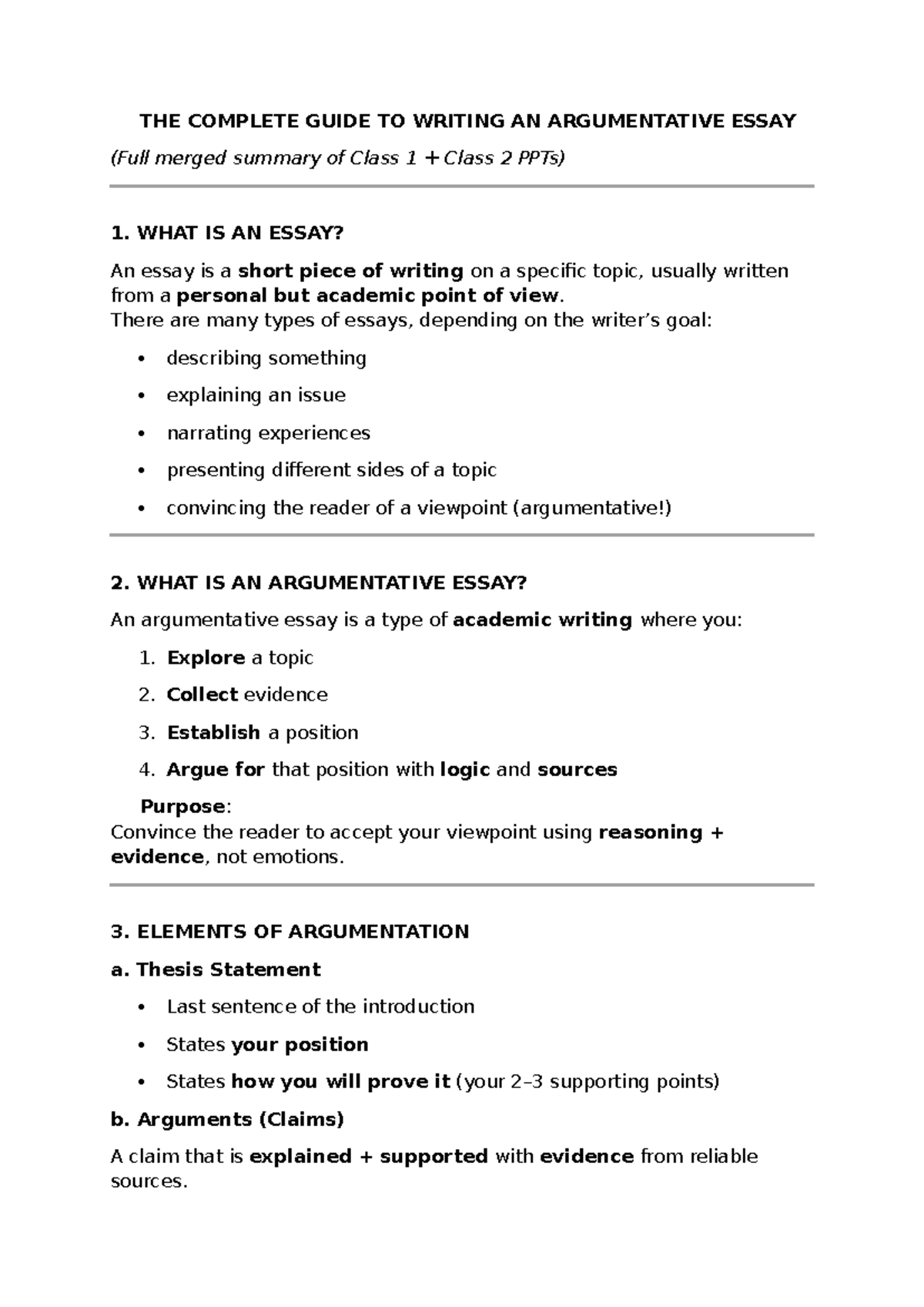 THE COMPLETE GUIDE TO WRITING AN ARGUMENTATIVE ESSAY (Class 1 & 2 ...