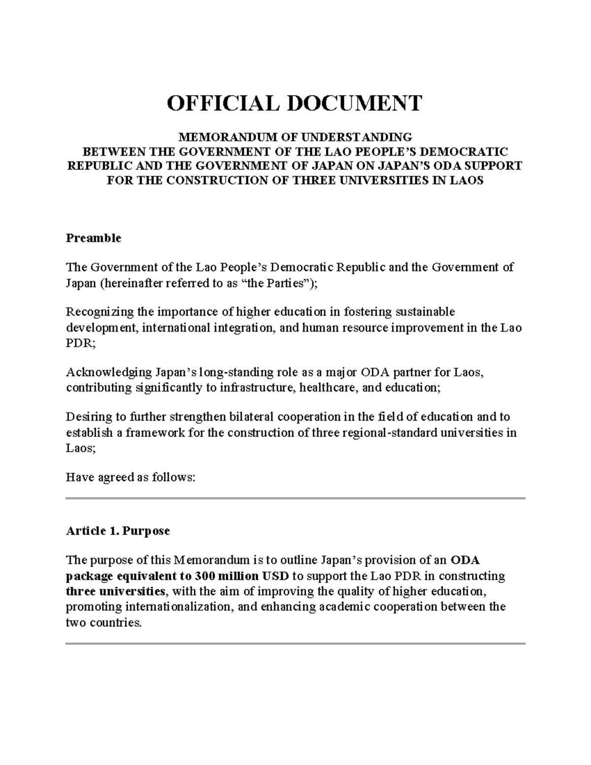 ODA Agreement MOU: Japan-Laos University Construction Support - Studocu