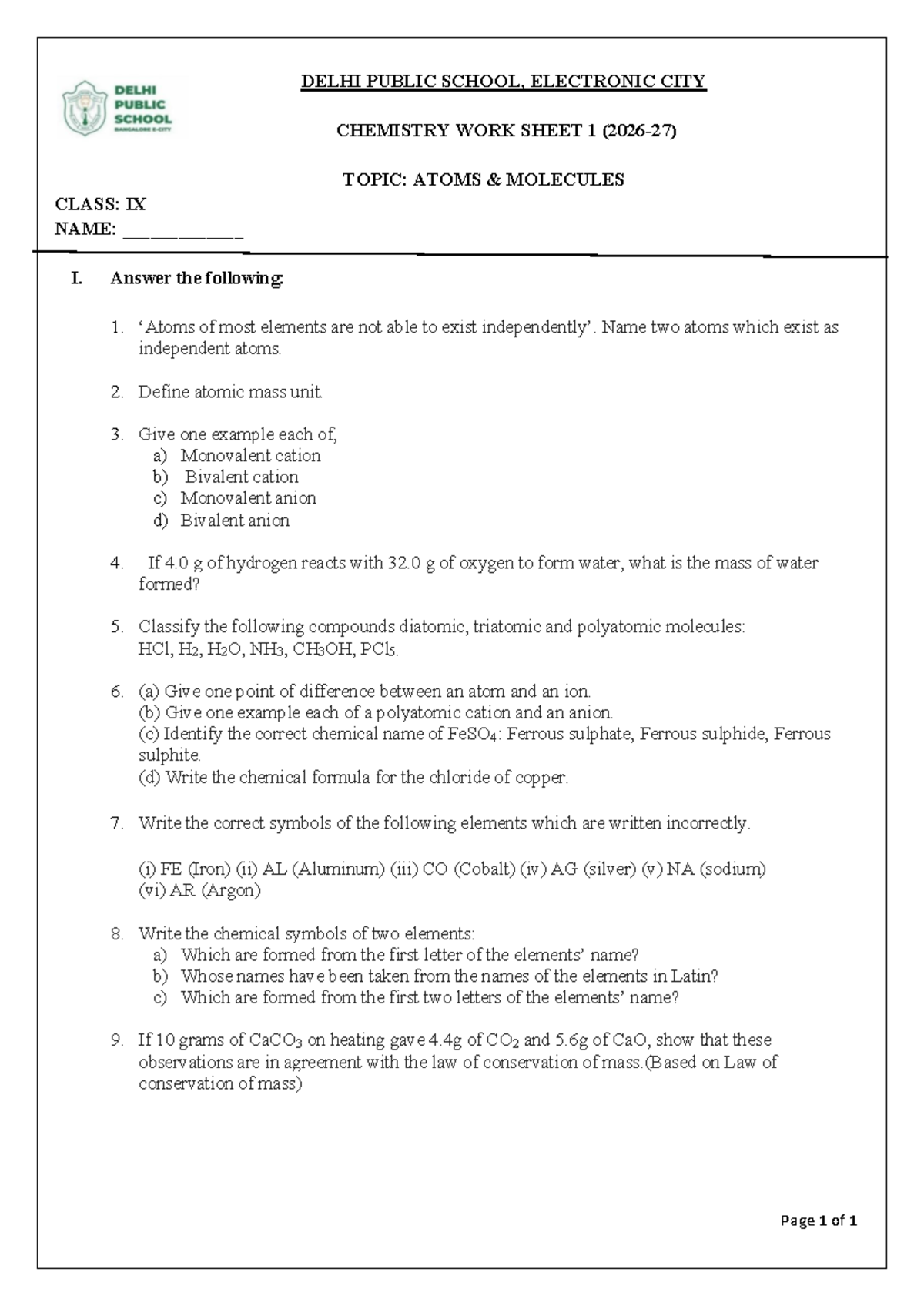 Chemistry Worksheet 1: Atoms & Molecules - Class IX - Studocu