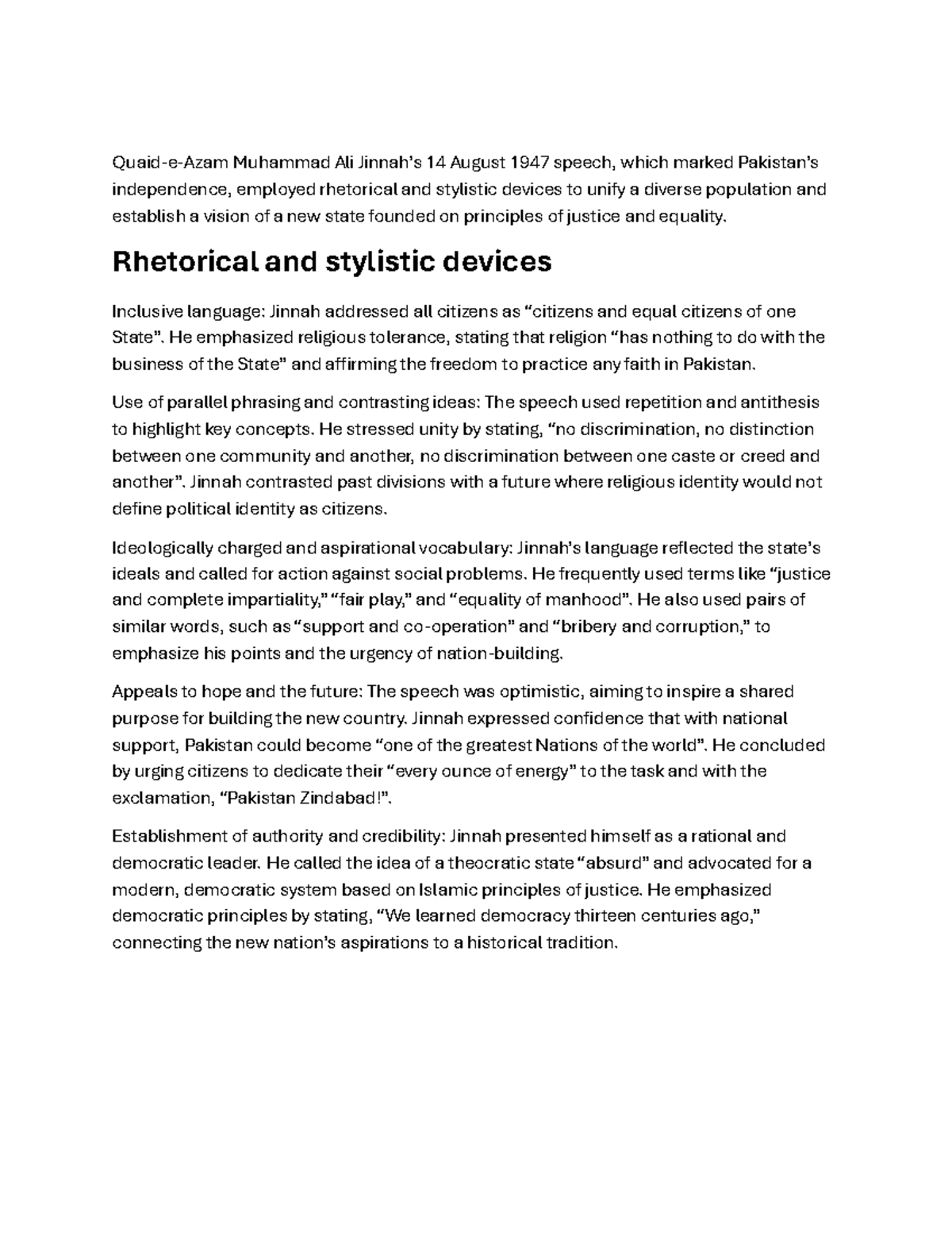 DOC-20250912-WA0002 - Analysis of Jinnah's 14 Aug 1947 Speech - Studocu