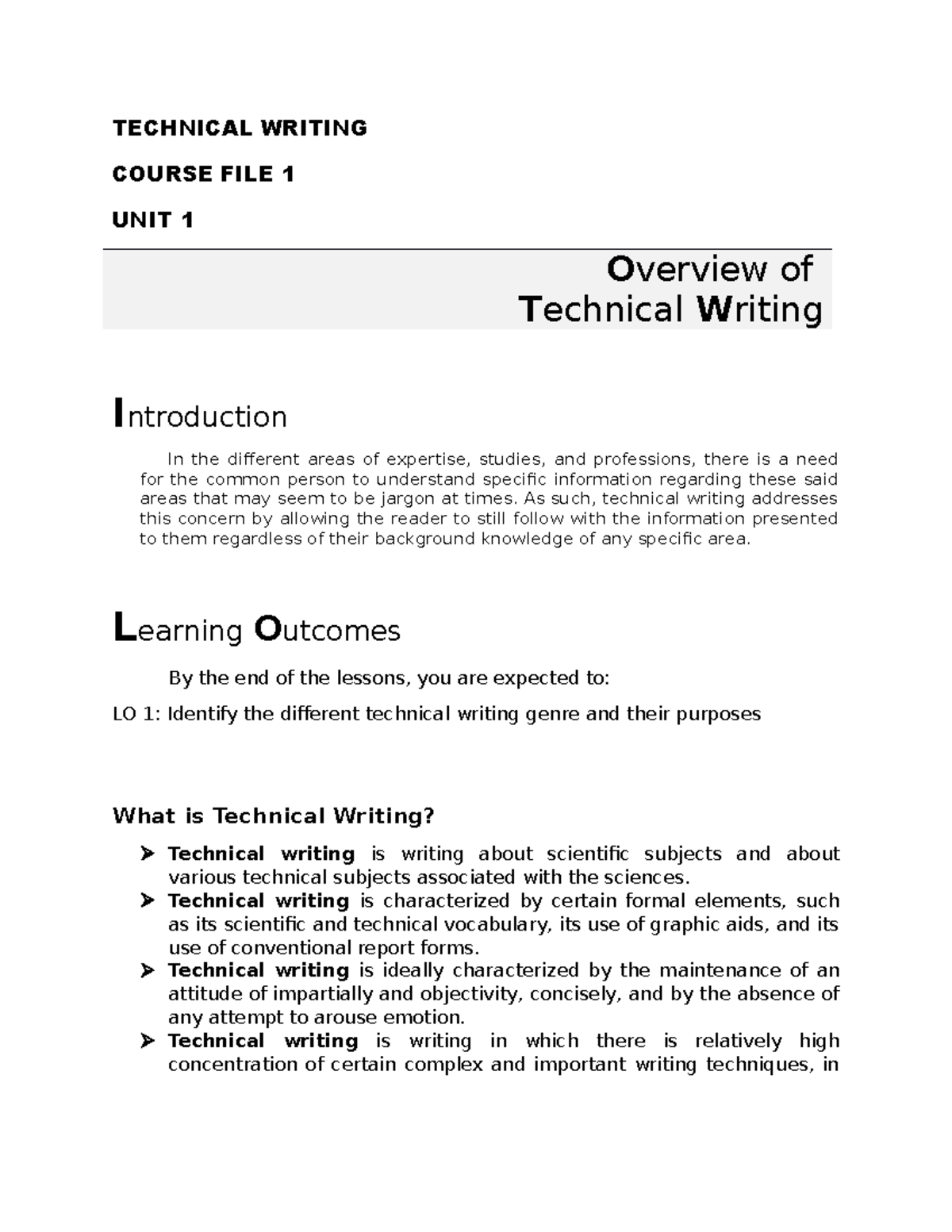 Technical Writing Course FILE 1 - TECHNICAL WRITING COURSE FILE 1 UNIT 1 Overview of Technical ...