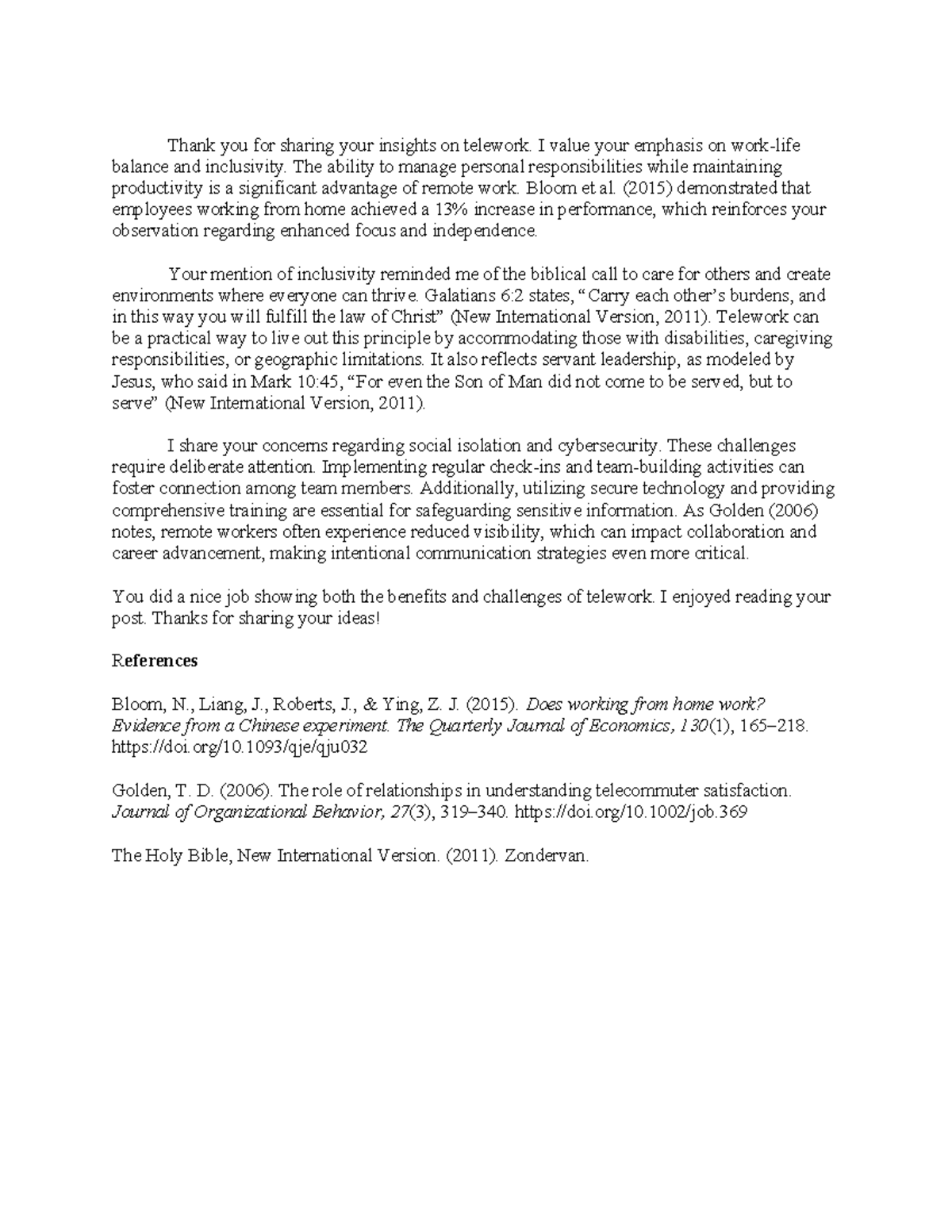 Discussion Board Response #1: Insights on Telework and Inclusivity ...