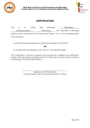 BNAP Sample - assignment - BARANGAY NUTRITION ACTION PLAN 2022 PROJECTS ...