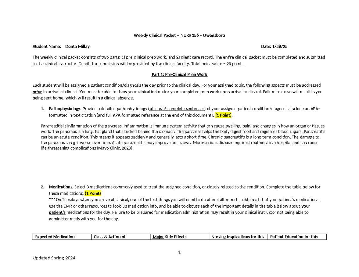 N356 Clinical Worksheet 1 - Weekly Clinical Packet – NURS 356 ...