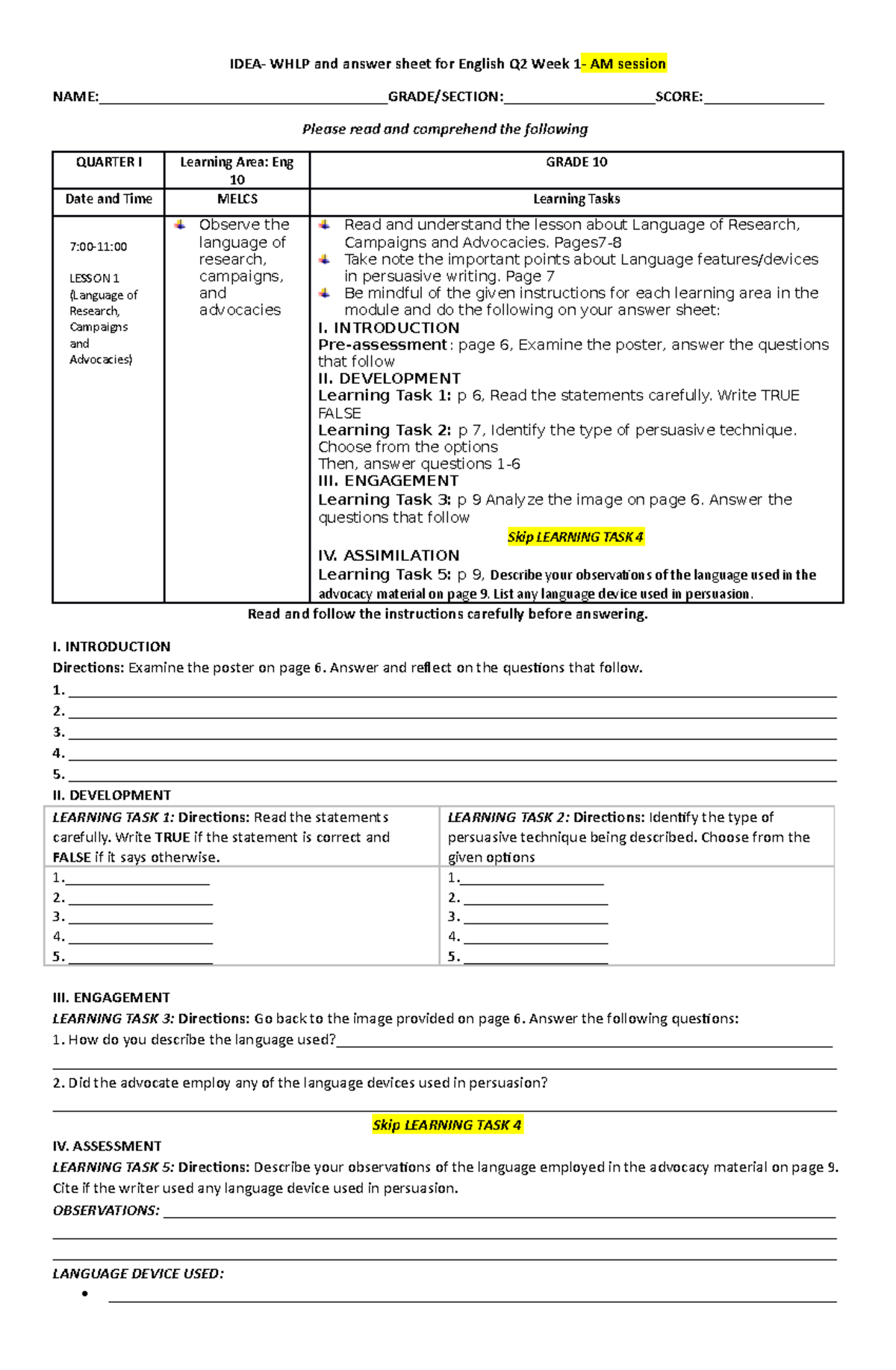 ENG10 Q2 REG WEEK 1 WHLP & Answer Sheet - Language of Research - Studocu