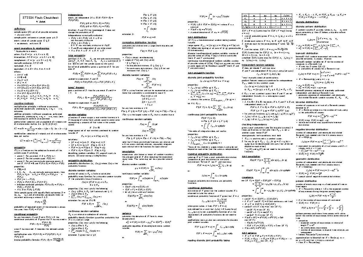 St2334 Final Exam Cheatsheet - Key Concepts and Formulas - Studocu
