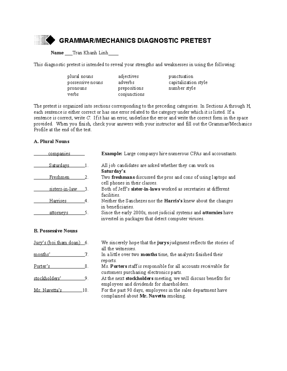 Grammar/Mechanics Diagnostic Pretest for Course Code [XYZ 101] - Studocu