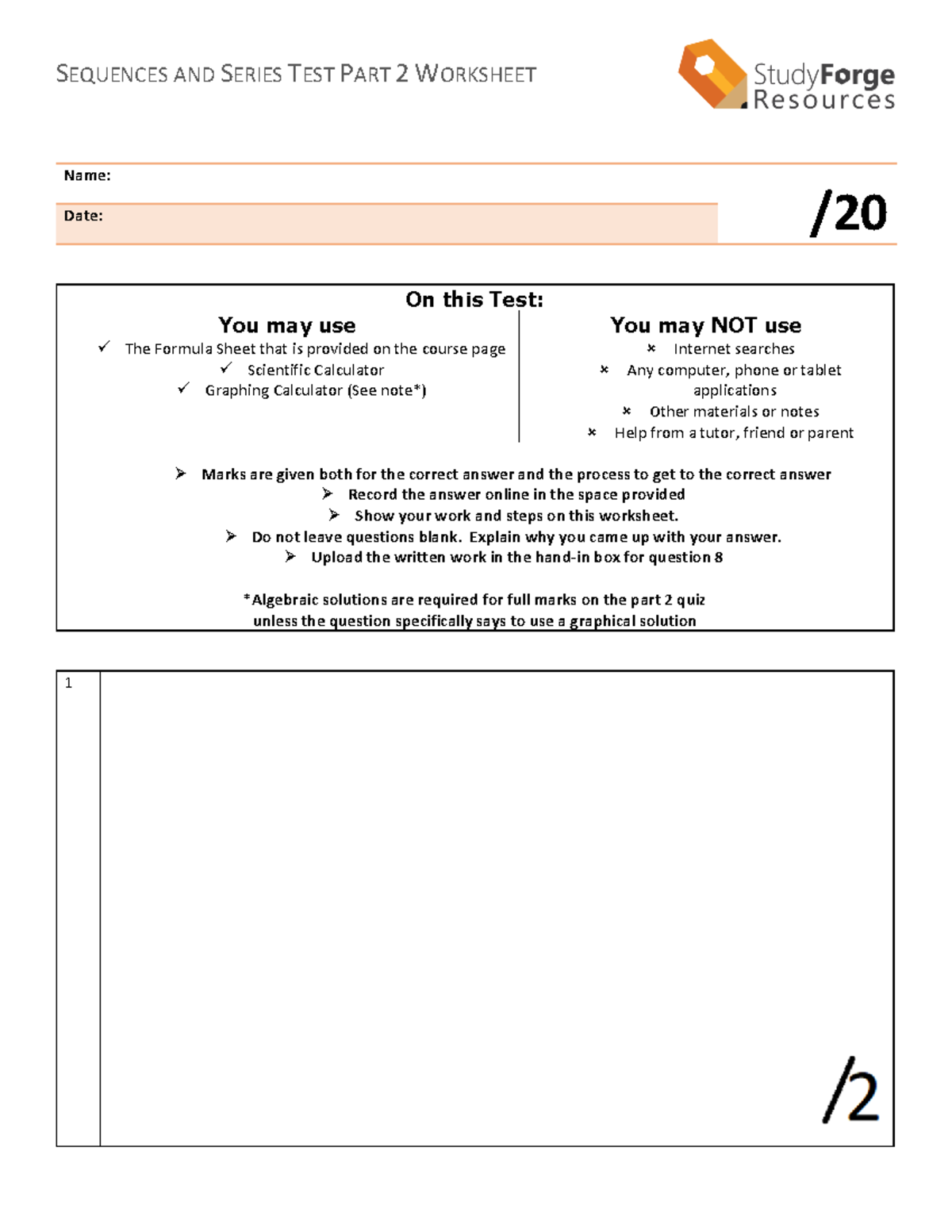 Sequences and Series Test Part 2 Worksheet - Important Guidelines - Studocu