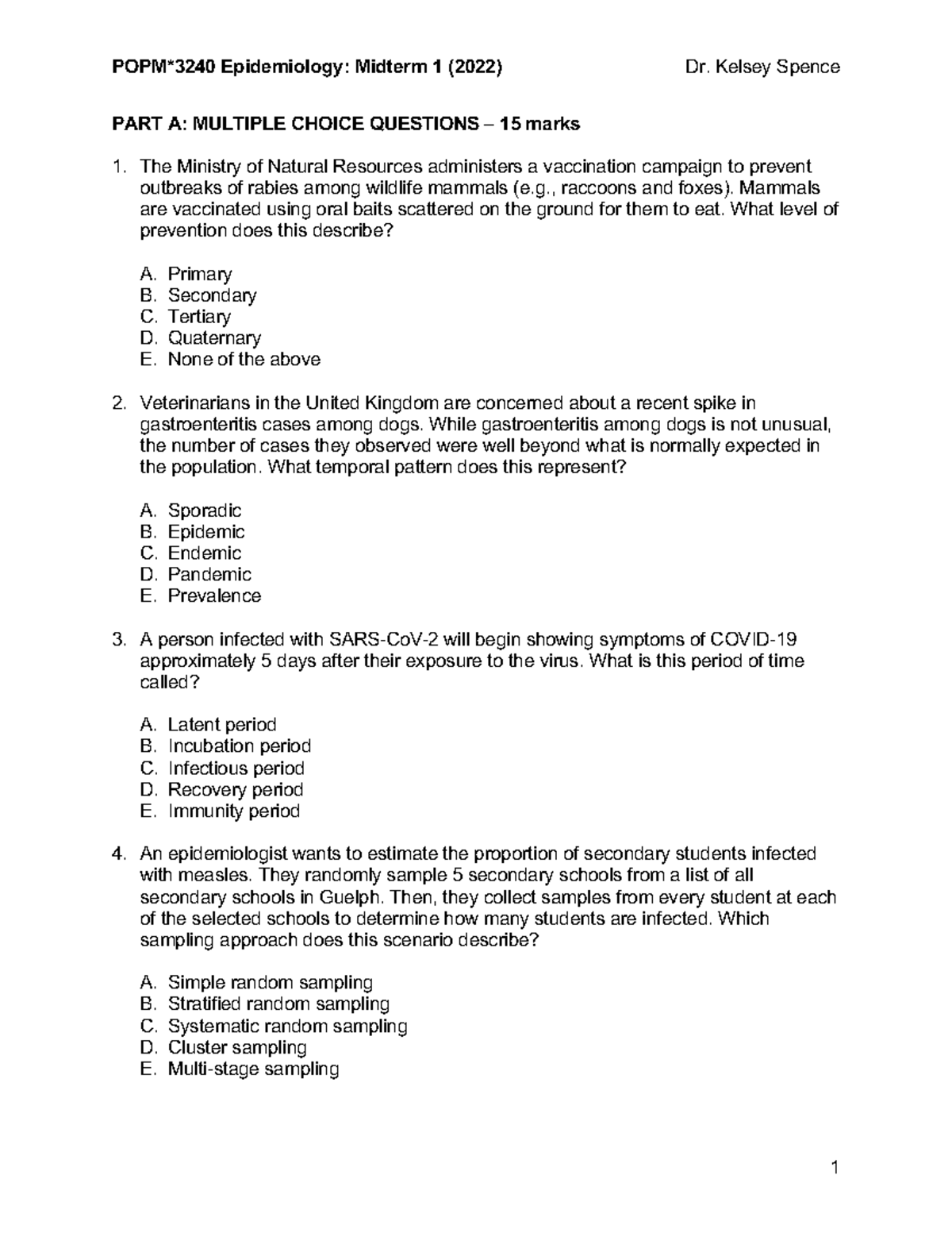 POPM 3240: Epidemiology Midterm 1 Practice Questions (2022) - Studocu