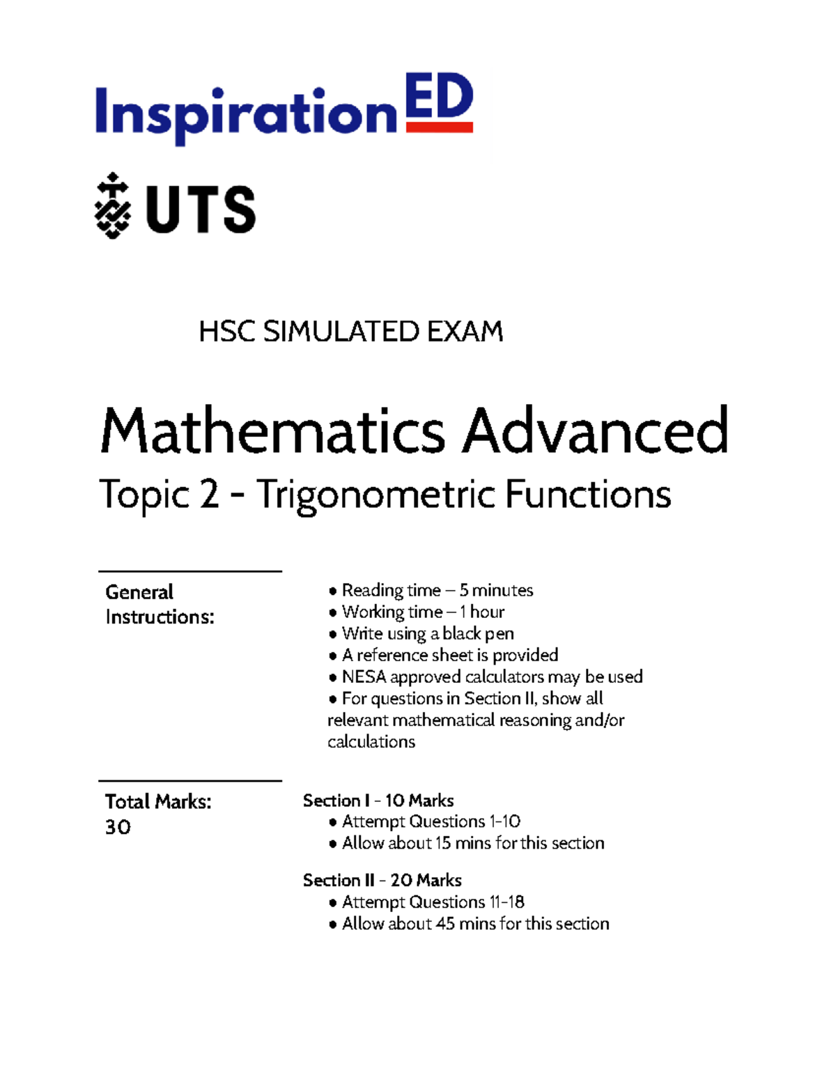 2022 HSC Simulated Exam: Mathematics Advanced (Mathadv 2 ...