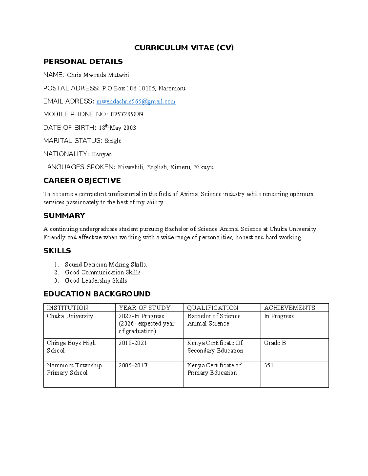 Curriculum Vitae (CV) of Chris Mwenda Mutwiri - Animal Science Student ...
