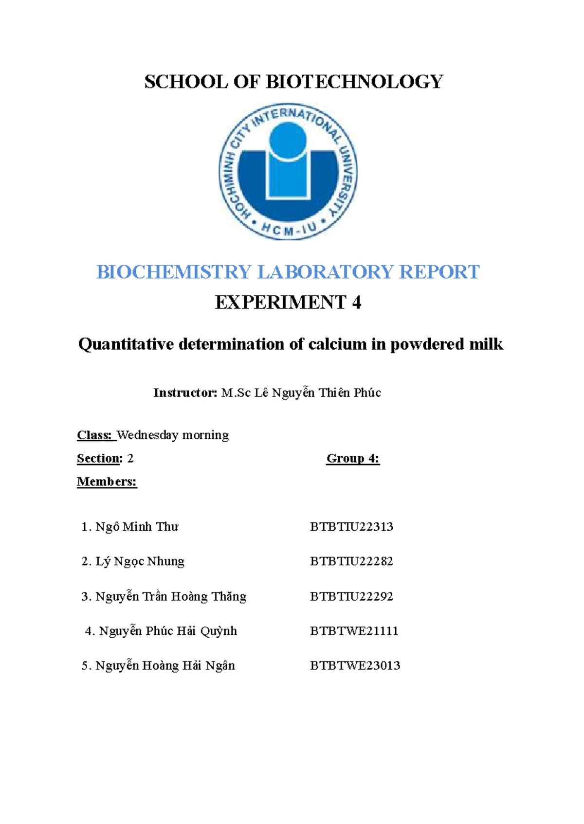 Biochemistry Lab Report BTBTIU22313: Calcium Quantification in Milk ...
