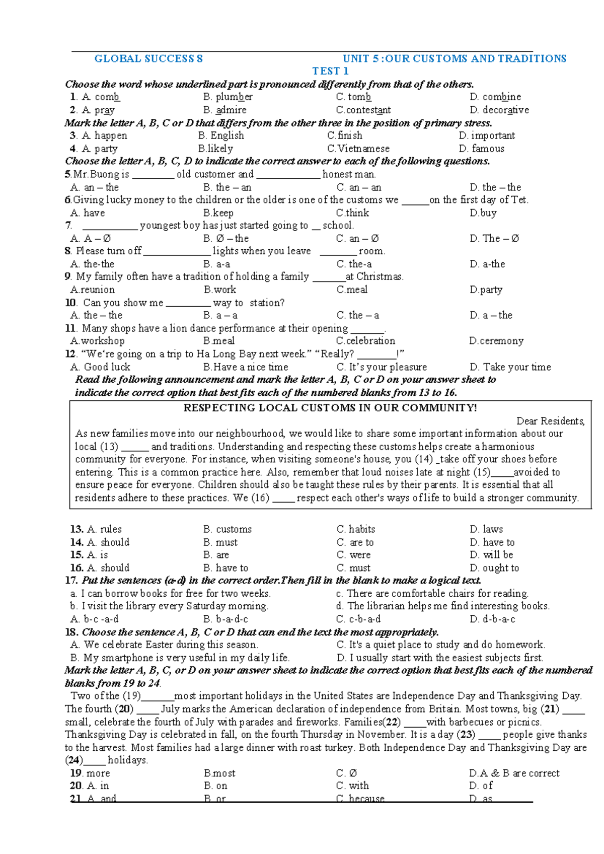 GLOBAL SUCCESS 8 UNIT 5: OUR CUSTOMS AND TRADITIONS EXAM 2025 - Studocu