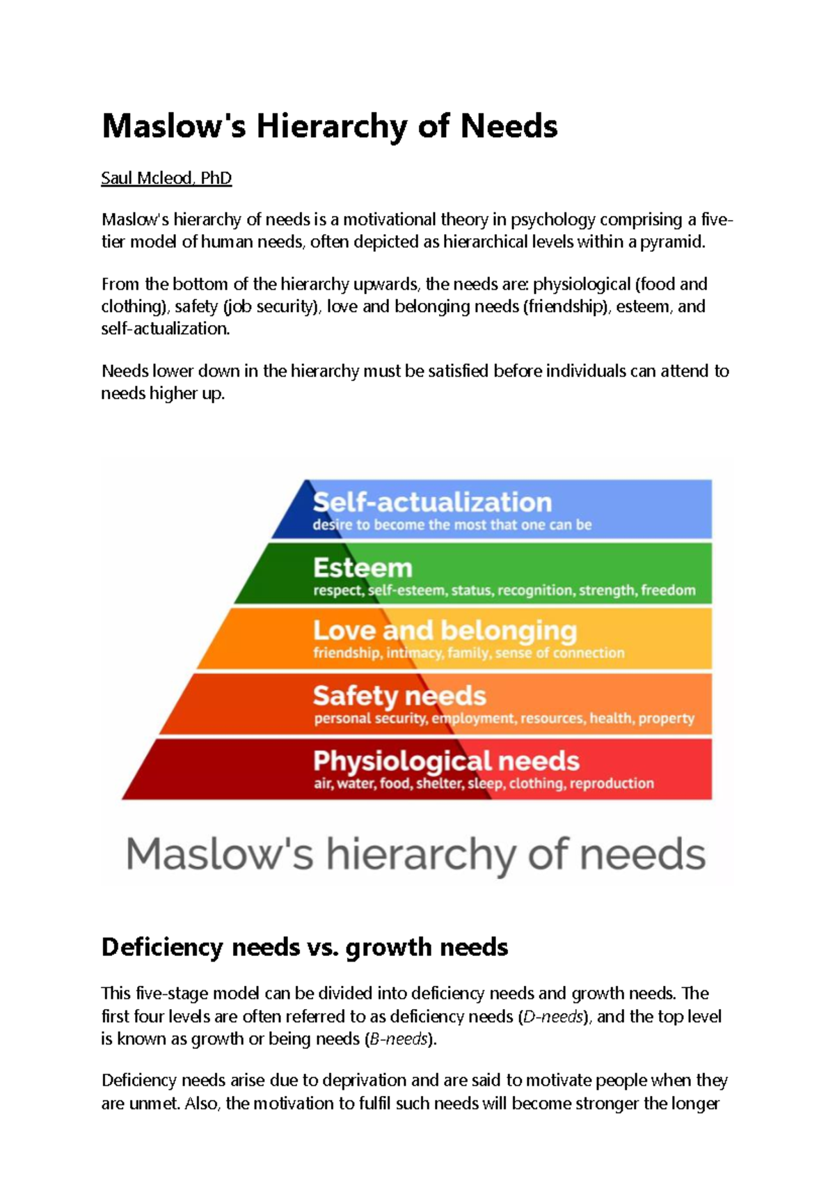 Maslow's Hierarchy of Needs: A Comprehensive Overview - Studocu