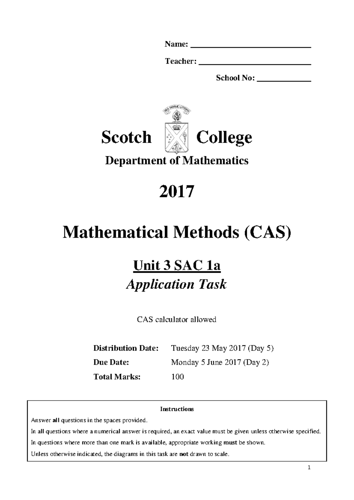 SC 2017 12MME SAC 1 - Mathematical Methods Application Task - Studocu