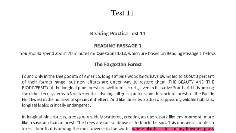 Test 11 Reading Practice: The Forgotten Forest and Its Ecosystem - Studocu