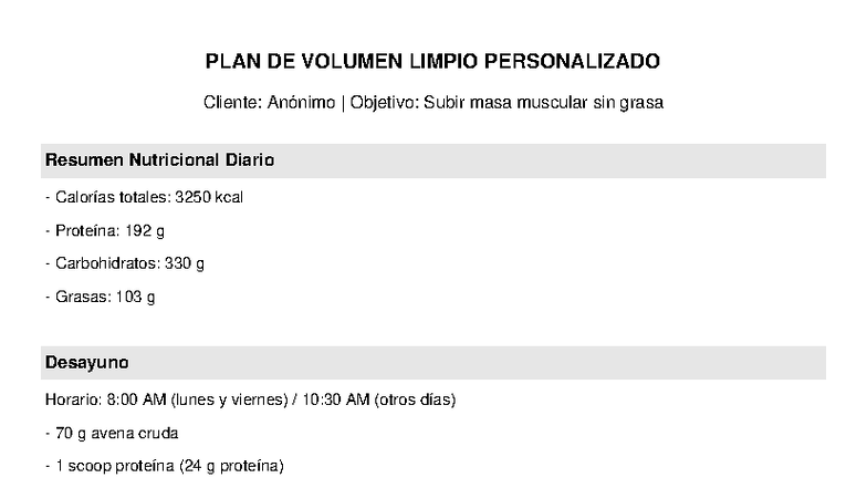 Plan de Volumen Nutri Pro: Dieta Personalizada para Masa Muscular - Studocu