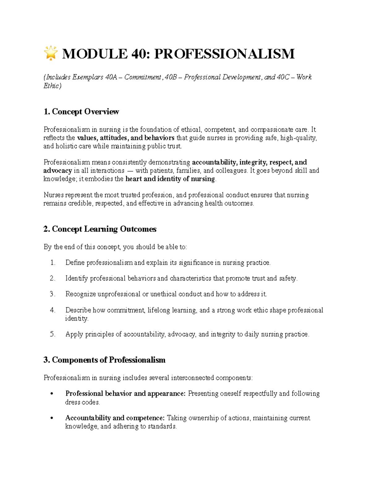 Module 40: Professionalism in Nursing - Key Concepts & Exemplars - Studocu