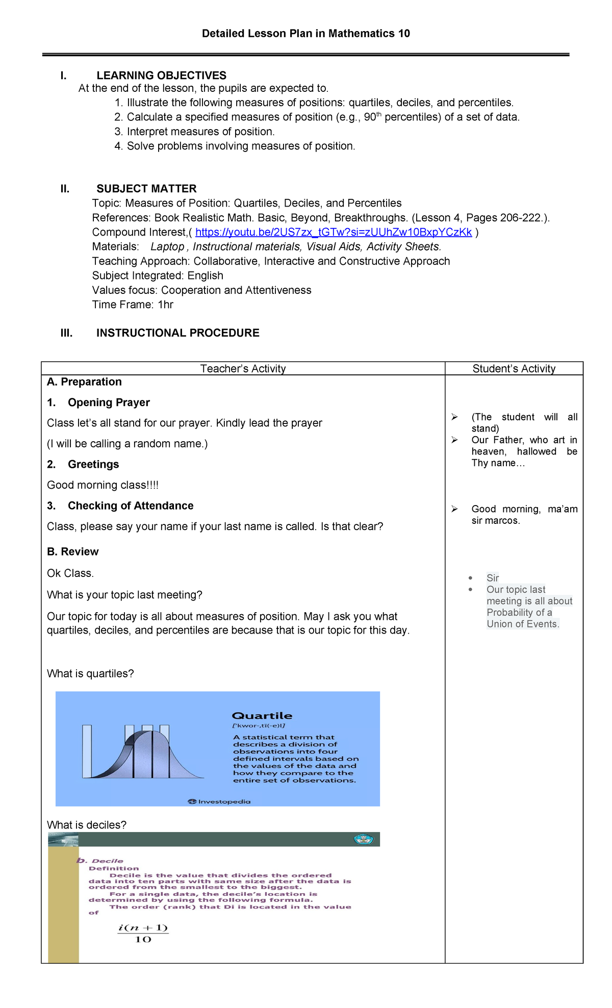G10 Final Lesson Plan: Measures of Position - Quartiles & Deciles - Studocu
