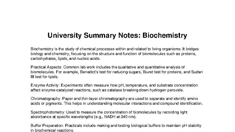 Biochemistry Summary Notes: Key Concepts & Practical Applications - Studocu