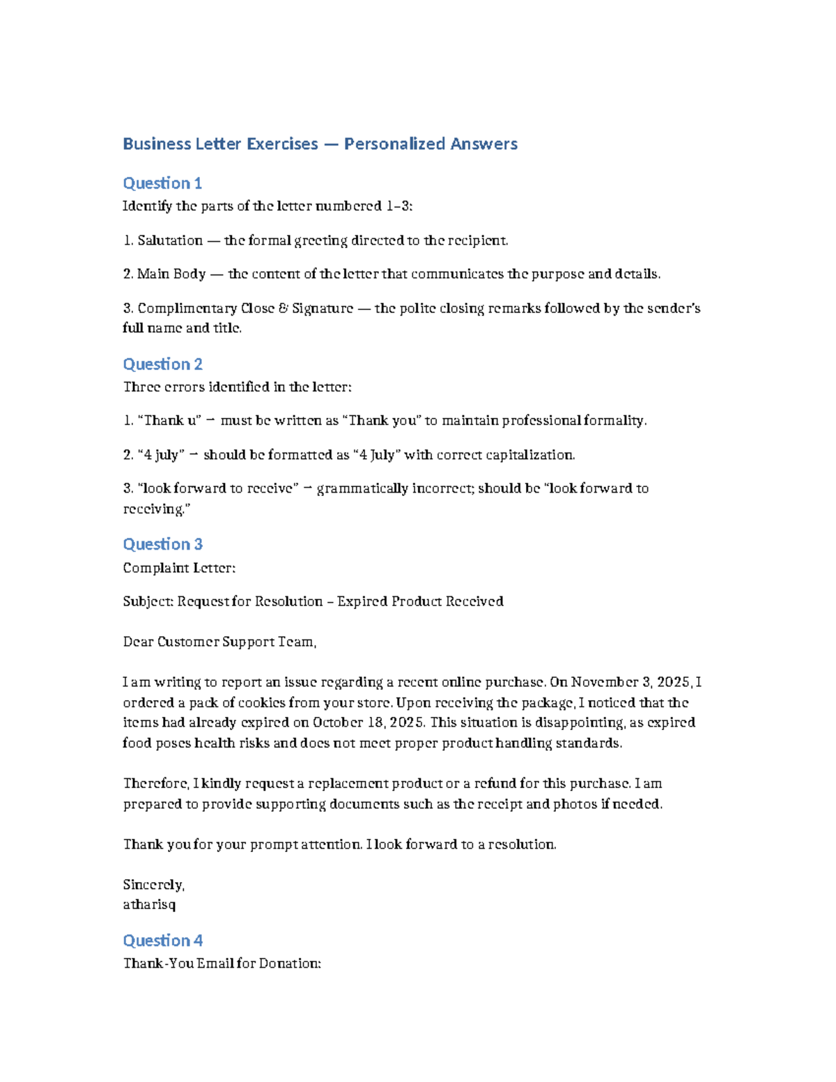 Business Letter Exercises: Personalized Answers & Corrections - Studocu