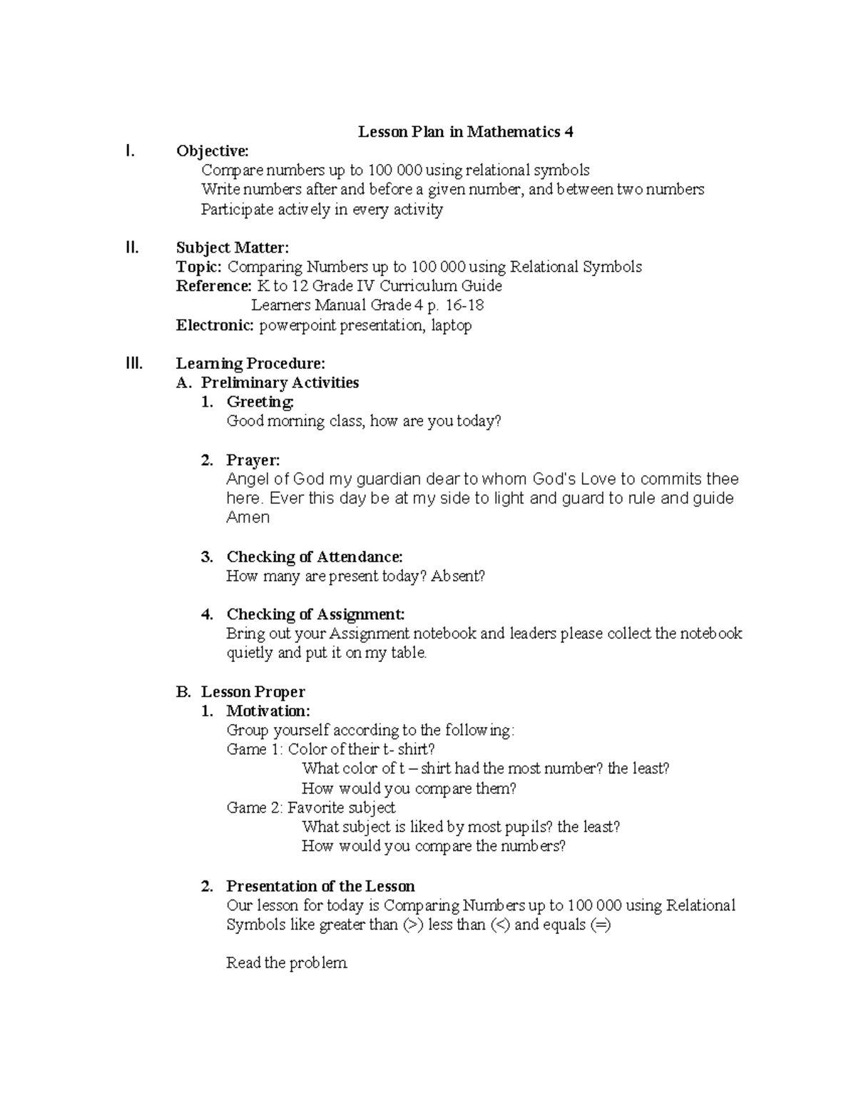 Mathematics 4 Lesson Plan: Comparing Numbers up to 100,000 - Studocu