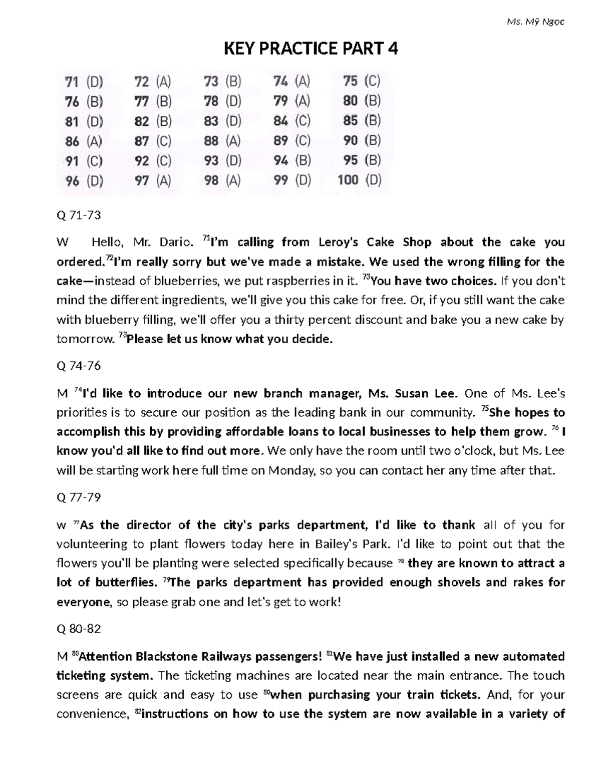 KEY Practice PART 4 - kjbabdyeagefkshiw - Ms. Mỹ Ngọc KEY PRACTICE PART ...