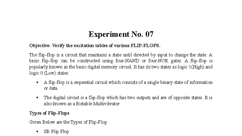 COA LAB Experiments 07-10: Flip Flops & Control Units Analysis - Studocu