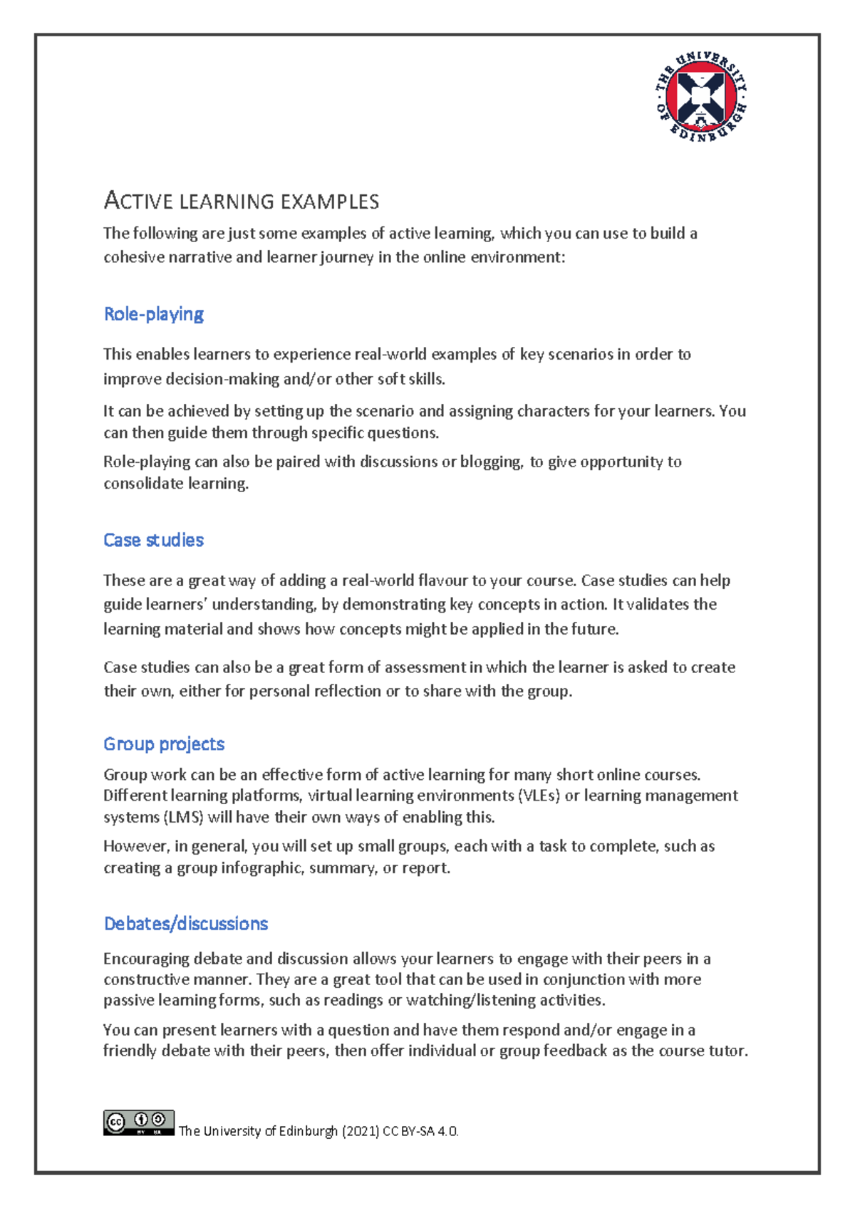 Active learning examples - The University of Edinburgh (202 1 ) CC BY ...