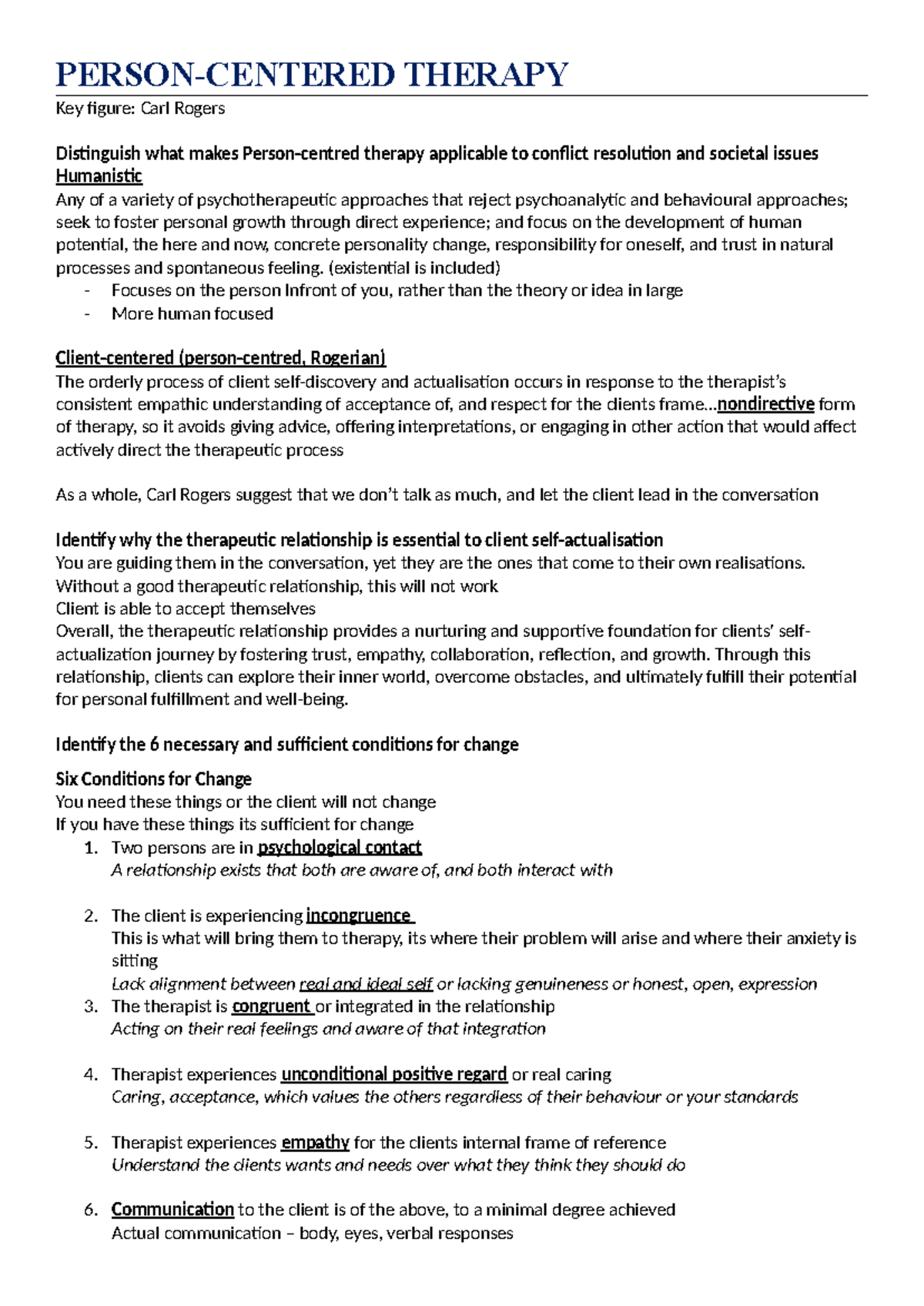 Person Centered Therapy: Key Concepts and Carl Rogers' Approach - Studocu