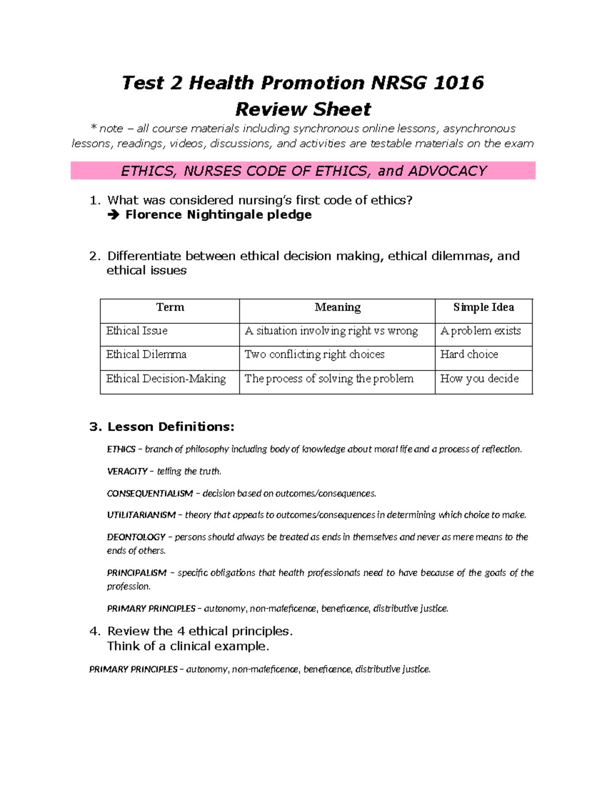 Test 2 Health Promotion NRSG 1016 Study Review Sheet on Ethics and ...