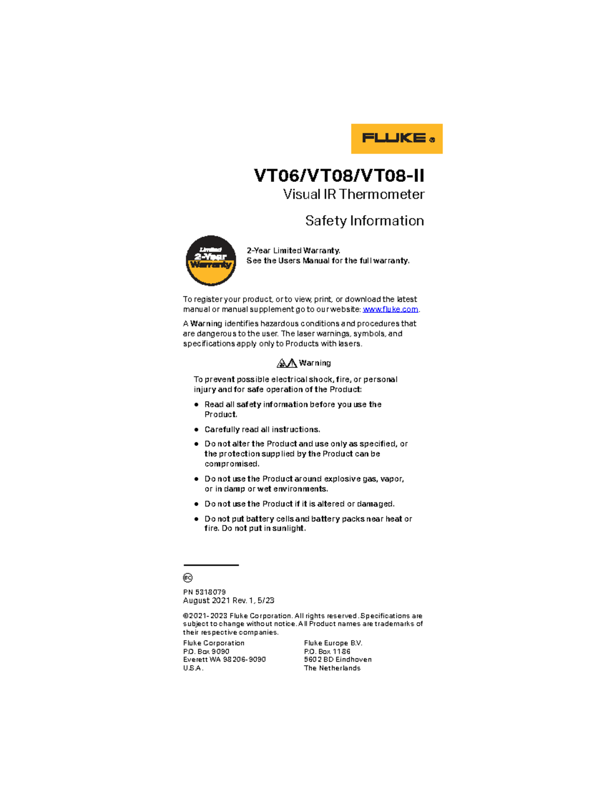 Fluke Vt06/Vt08 Safety Info & Limited Warranty Manual (Rev. 1) - Studocu