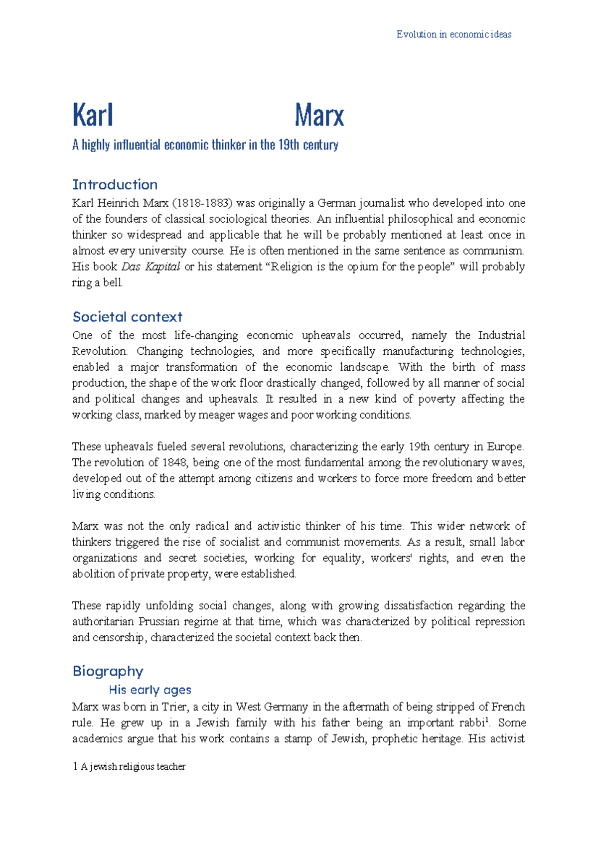 Karl Marx - Essay on Economic Ideas and Influence - Studocu