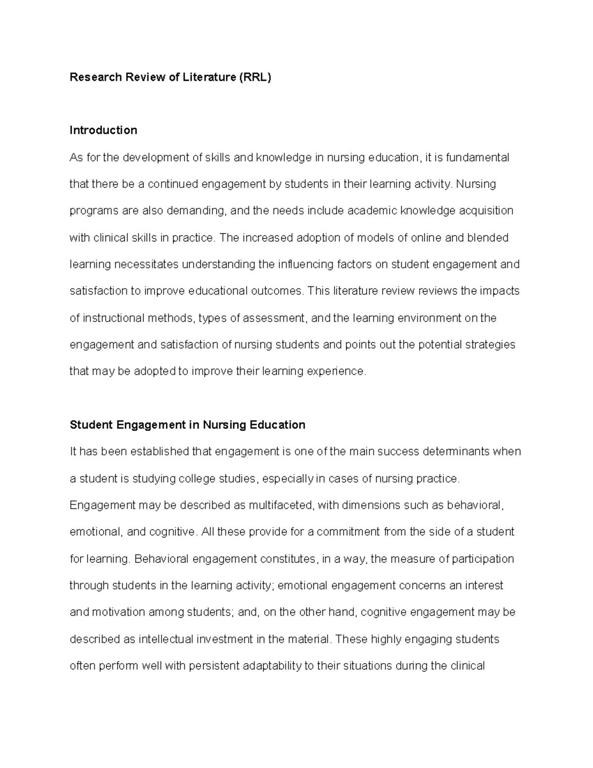 RRL: Enhancing Student Engagement & Satisfaction in Nursing Education ...