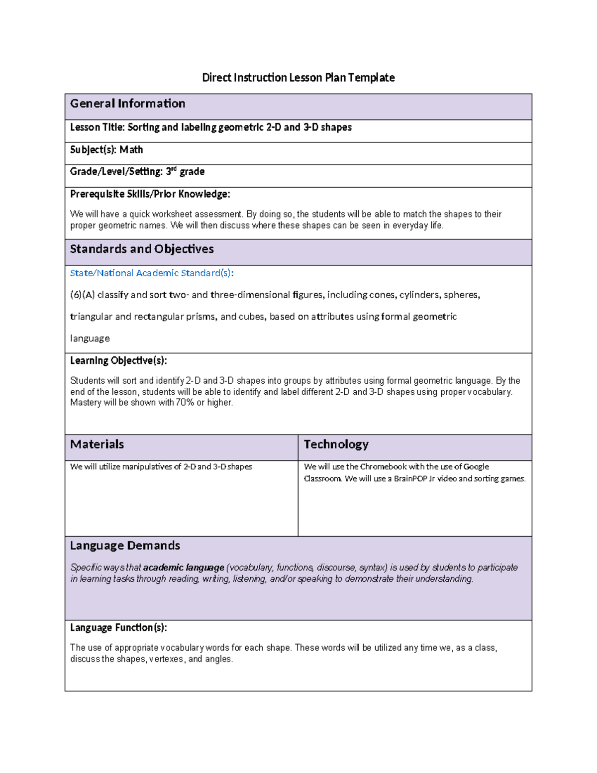 C109 Math - Passed quicky - Direct Instruction Lesson Plan Template ...