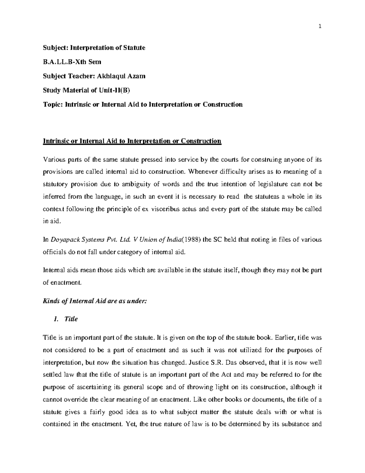 Sem 1: Internal Aids to Statutory Interpretation - Study Notes - Studocu