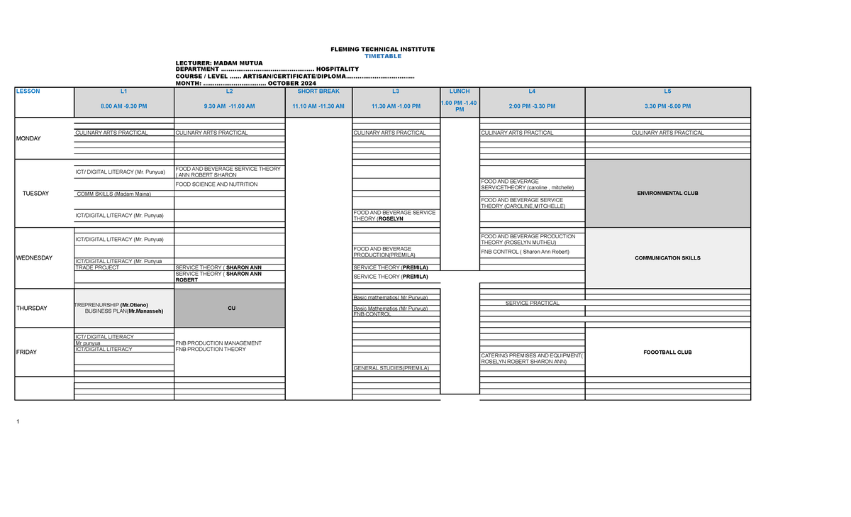 September Timetable.xlsx - Hospitality 3 - FLEMING TECHNICAL INSTITUTE ...