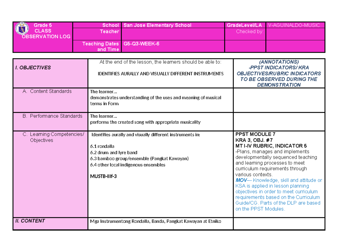 Grade 5 DLP Music Lesson: Instrument Identification & Activities - Studocu