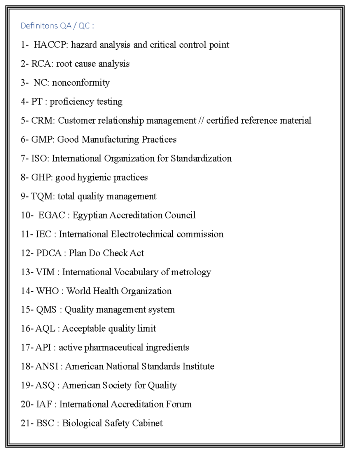 Definitons QA - Ihg - Definitons QA / QC : 1 - HACCP: hazard analysis ...