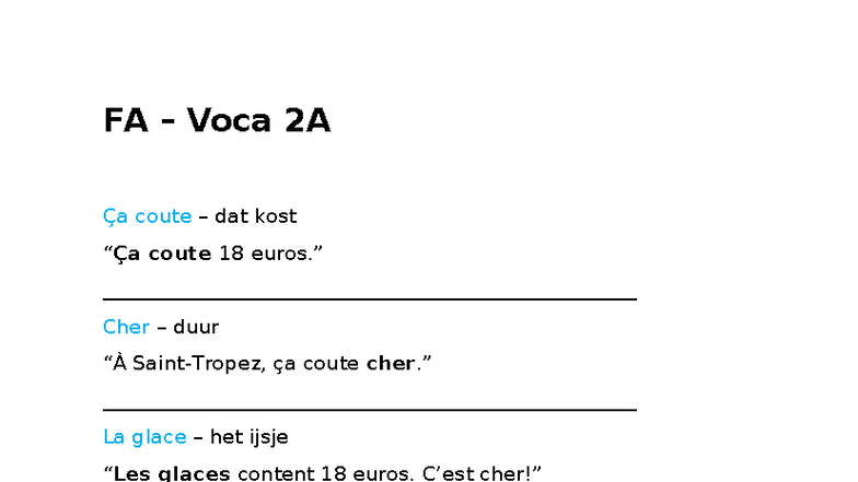 Vocabulairelijst 2A: Oefeningen en Voorbeelden van Franse Zinnen ...