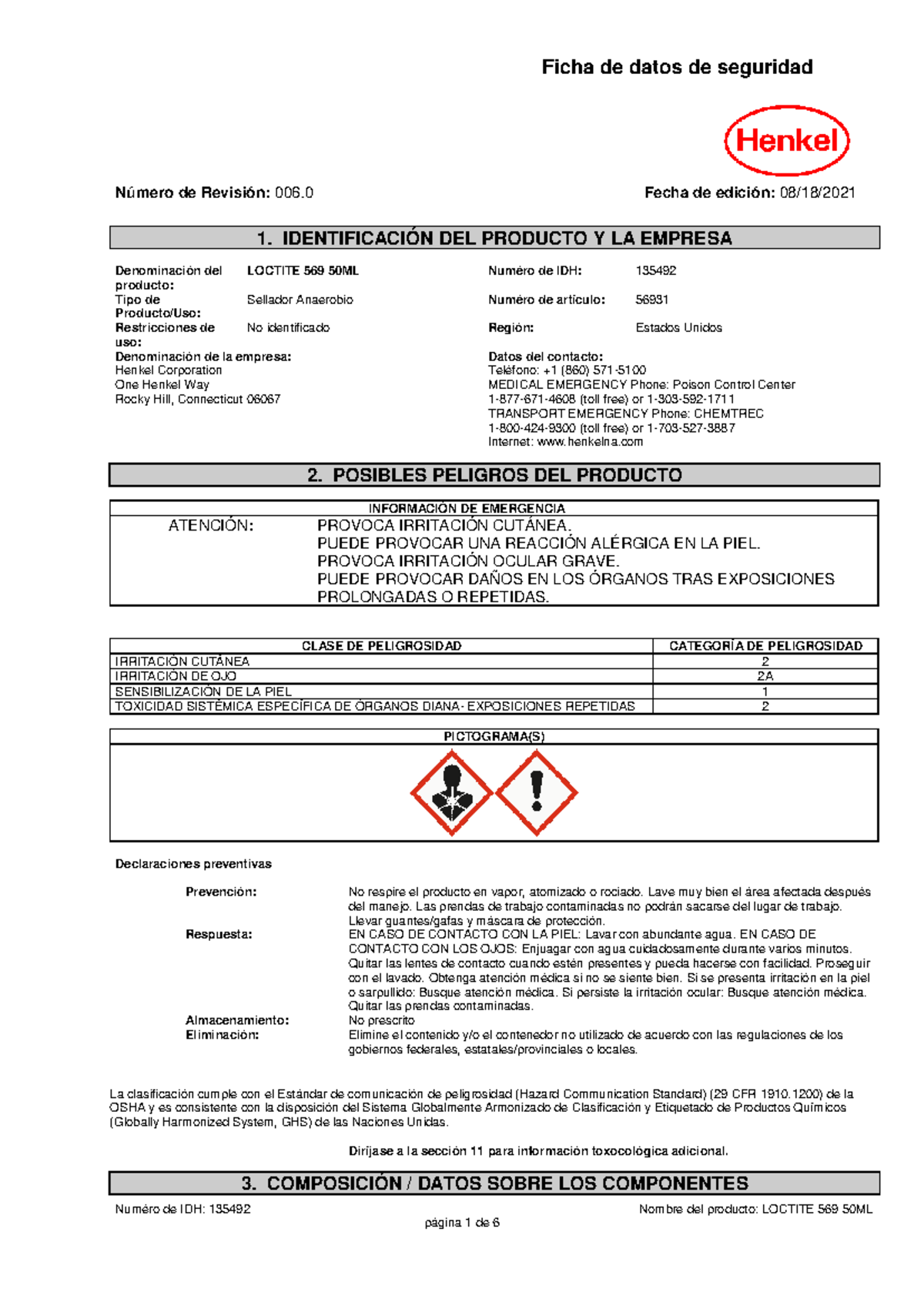SDS Loctite 569 - Ficha de Datos de Seguridad y Peligros - Studocu