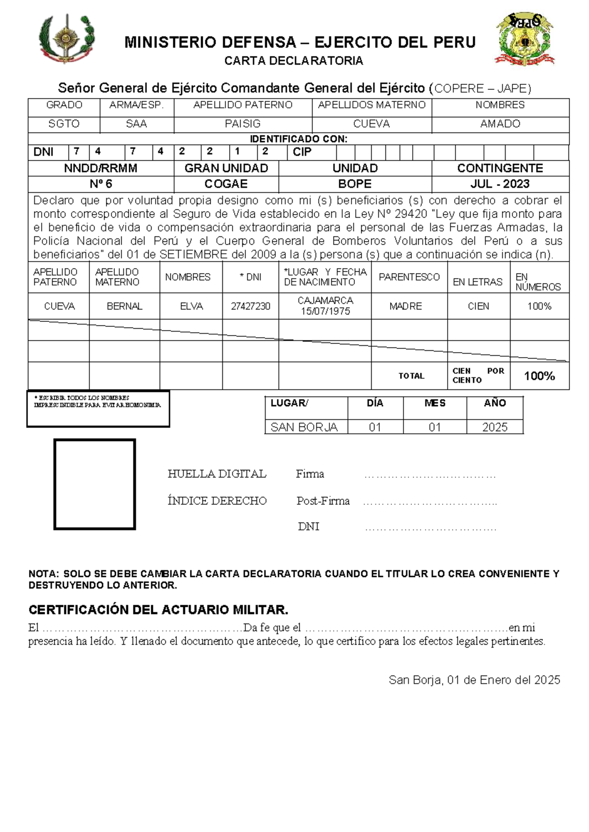 BOPE Carta Declaratoria de Beneficiarios - SGTO SAA PAISIG, JUL 2023 ...