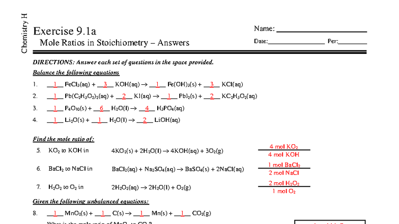 Chemistry H Exercise 9.1a & 9.2a: Mole Ratios in Stoichiometry Answers ...