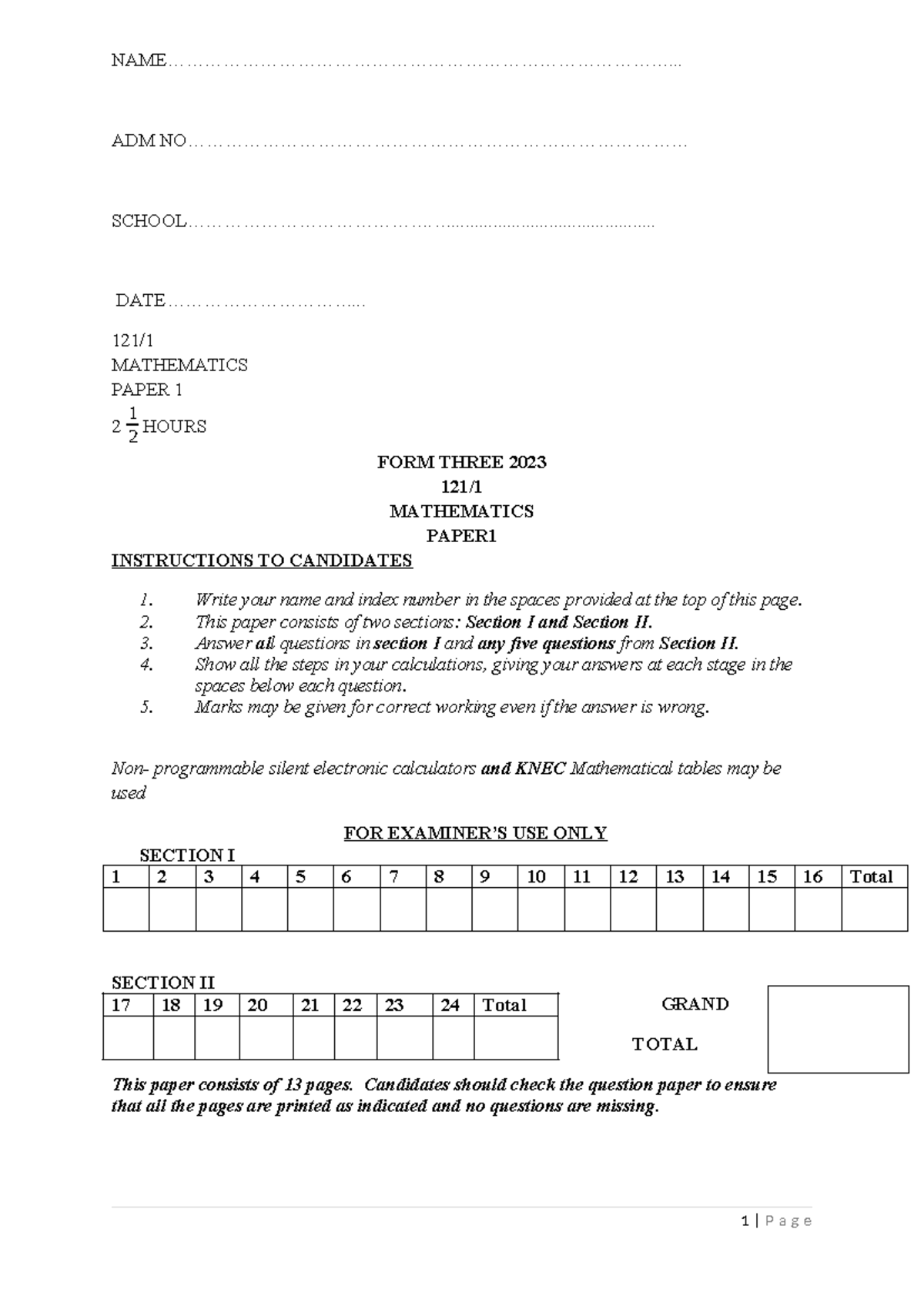 F3 MATHEMATICS PAPER 1 2024 - QUESTION SET AND INSTRUCTIONS - Studocu